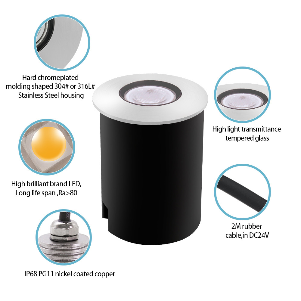 1W 2W Swimming Pool Underwater Light Recessed IP68 Led Buried Lights